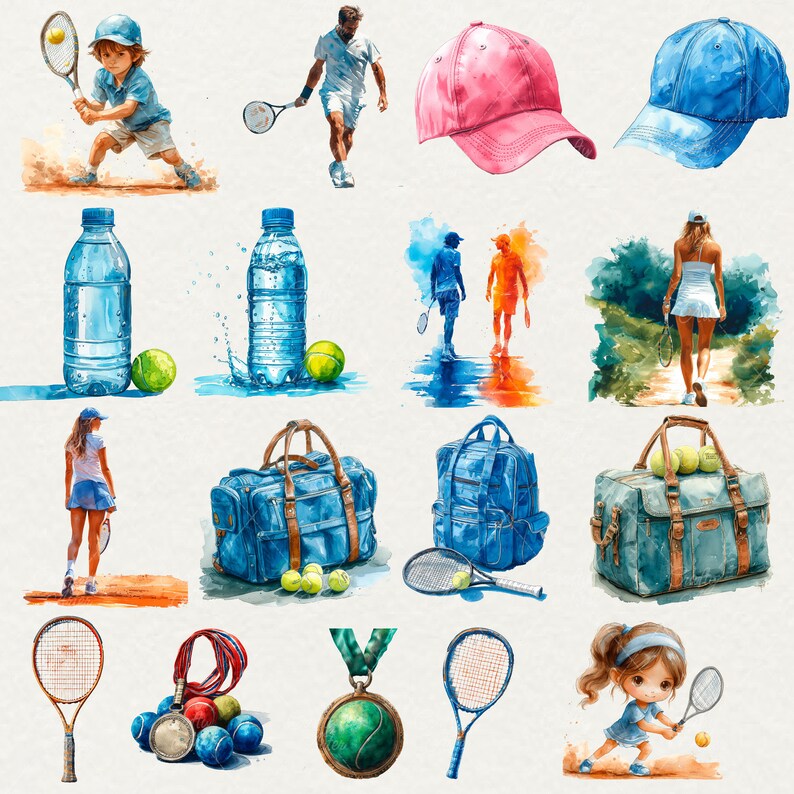Watercolor Tennis Clipart: Sport Illustrations, Racket, Court (51 PNG ...