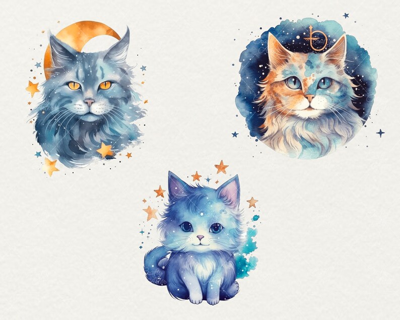 Watercolor Fantasy Cat Clipart 20 PNG Magic Cats Clip Art - Etsy