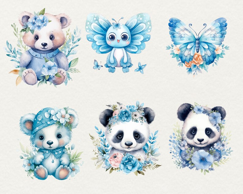 Watercolor Boho Animals Clipart: 40 PNG Pastel Blue Floral Designs - Etsy