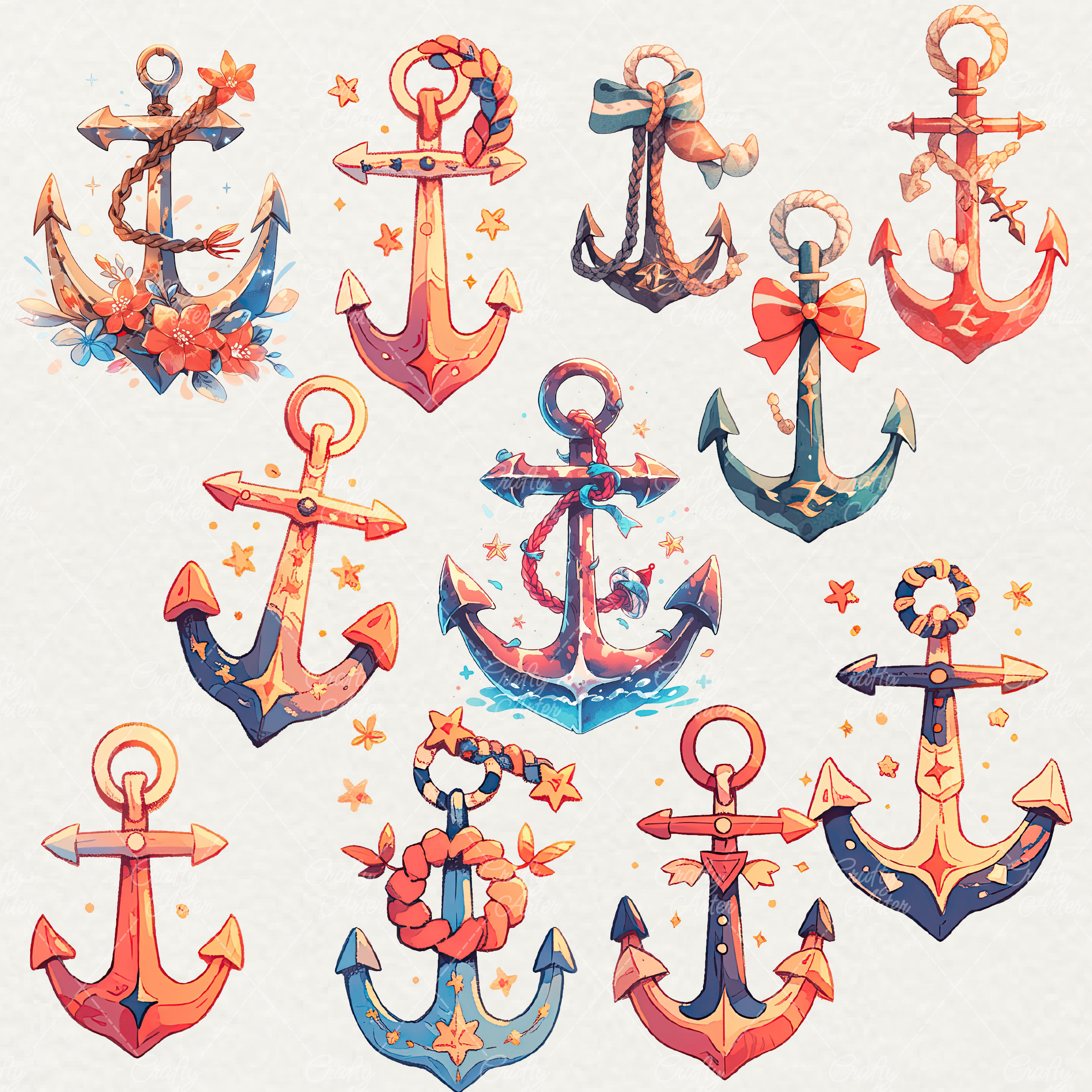 Watercolor Anchor Clipart: 49 PNG Nautical Illustrations (commercial ...