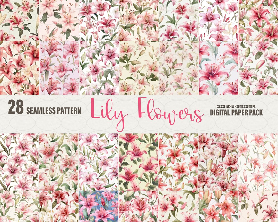 Watercolor Lily Flowers Seamless, 28 Lilies Flowers Digital Paper ...