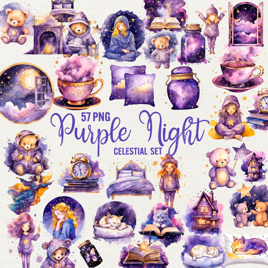 Watercolor Celestial Night Clip Art Bundle, 57 PNG Graphics Purple ...