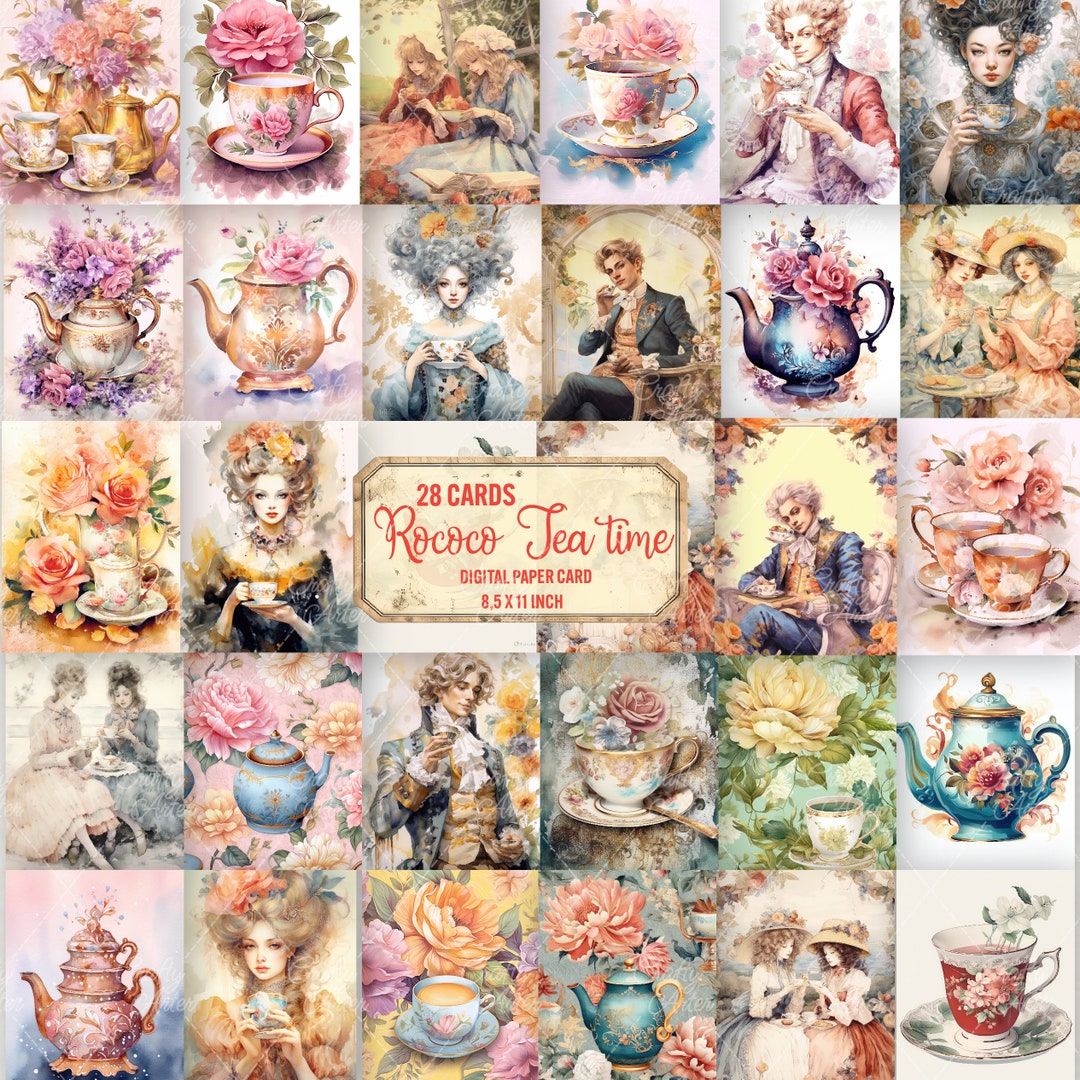 Romance Tea Digital Paper Cards, 28 Card Digital Vintage Paper Tea Time ...