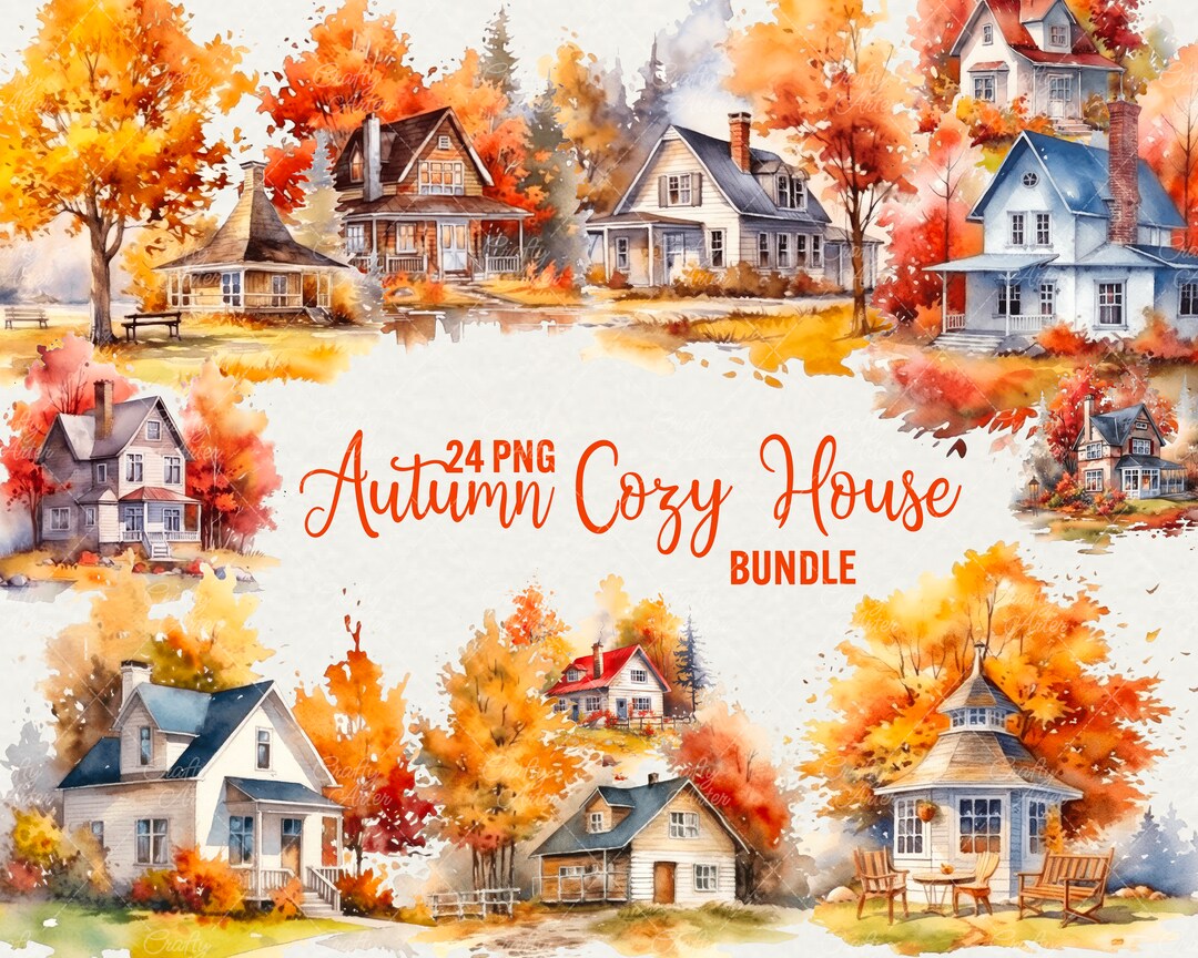 Watercolor Autumn House Clipart, 24 PNG Watercolor Autumn Illustration ...