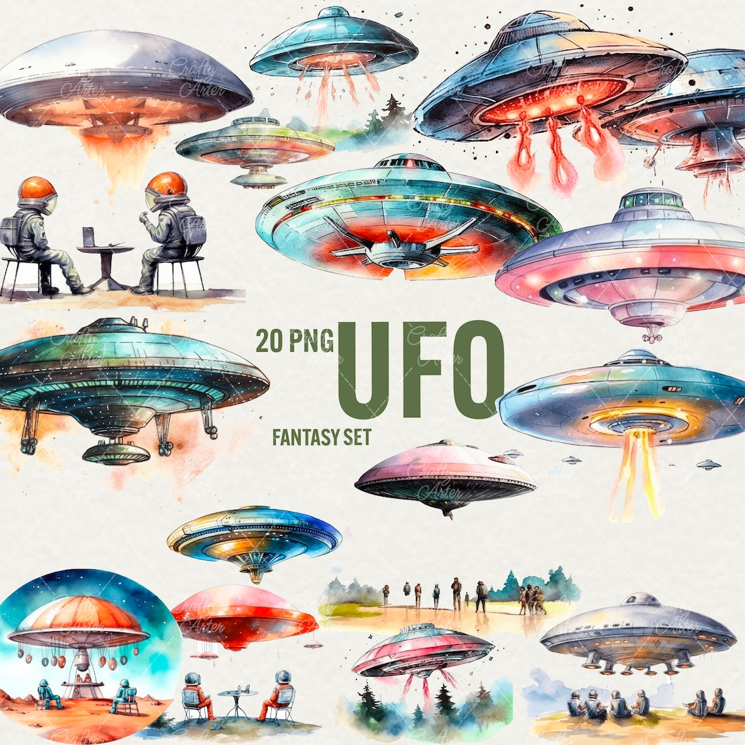 Watercolor Ufo Fantasy Clipart, Clipart Bundle, 20 PNG Graphics Flying ...
