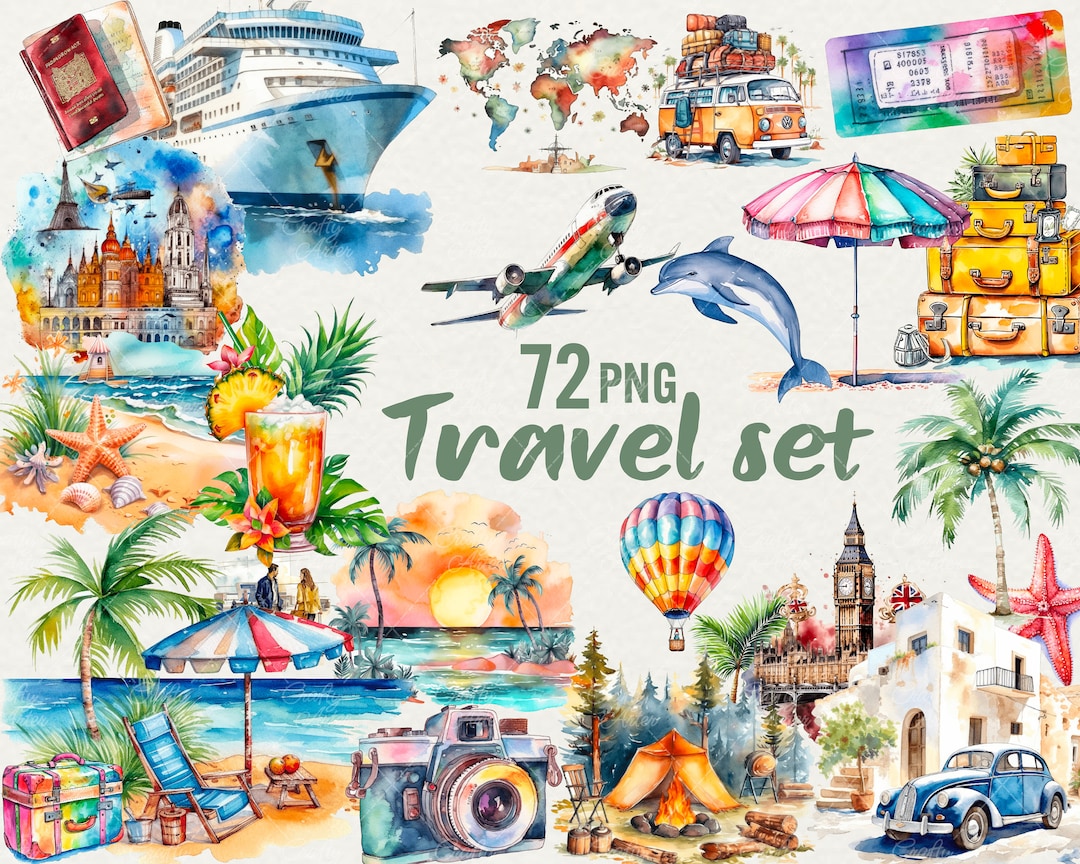 Watercolor Travel Clipart, 72 PNG World Travel, Travel Summer Clipart ...