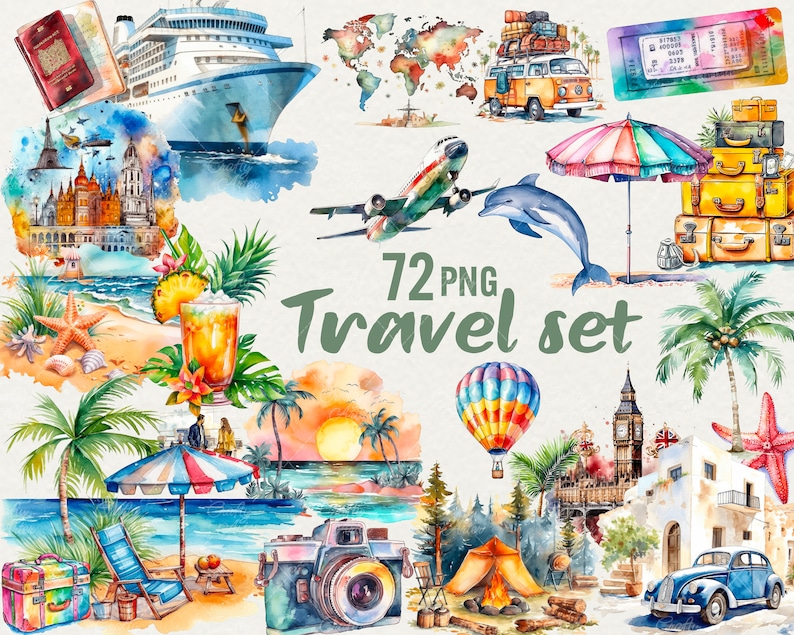 Watercolor Travel Clipart 72 PNG World Travel Travel Summer - Etsy