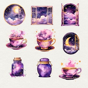 Watercolor Celestial Night Clip Art Bundle, 57 PNG Graphics Purple ...