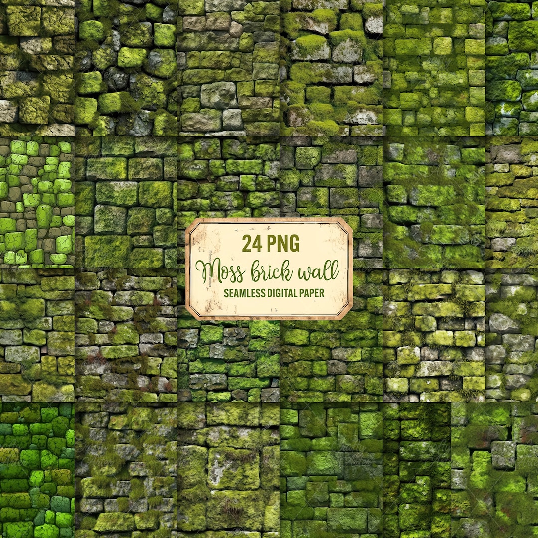 Moss Brick Wall Seamless Pattern, 24 Png Mossy Bricks Texture, Moss ...