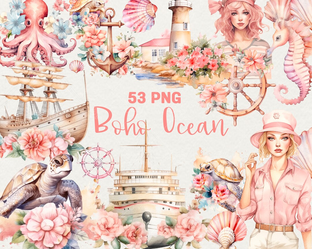 Watercolor Boho Ocean Clipart, 53 PNG Ocean Beach Clipart Nautical ...