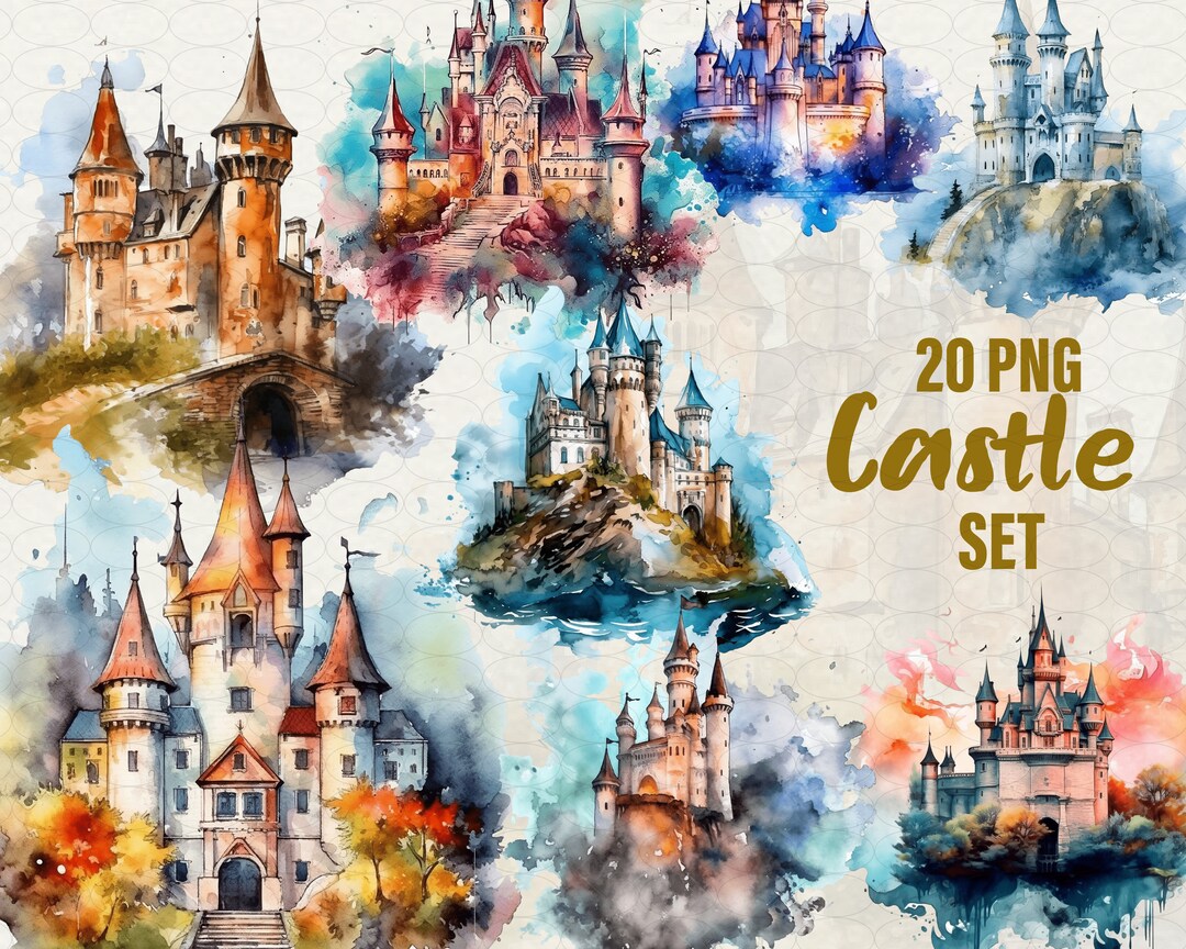 Watercolor Fantasy Castle Clipart: Mystic PNG Landscapes (20 Images) - Etsy