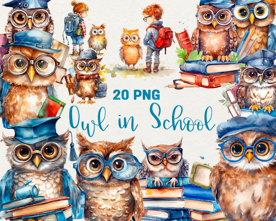 Watercolor School Owl Clipart, Back to School Clipart, Watercolor Owl ...
