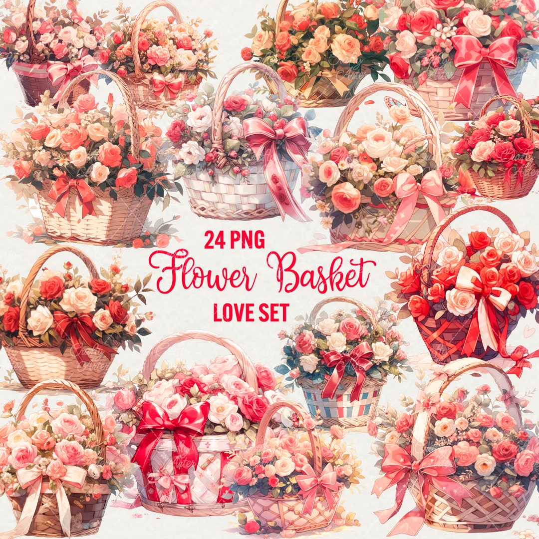 Watercolor Floral Basket Clipart Bundle, 24 Png Art Flowers Spring Art ...