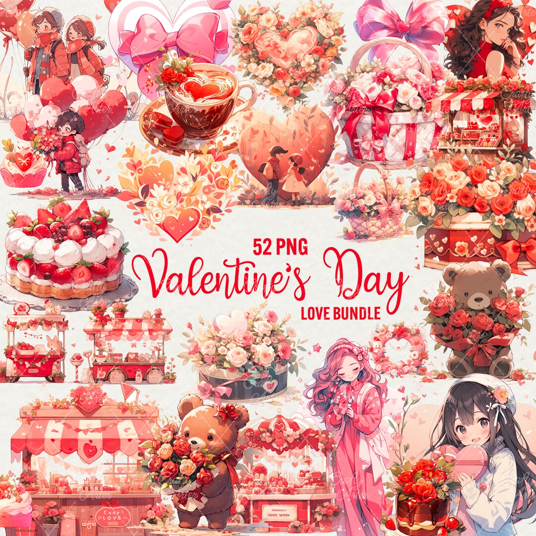 Valentine's Day Clipart Bundle, 52 Png Art Valentine Gift Day Heart ...