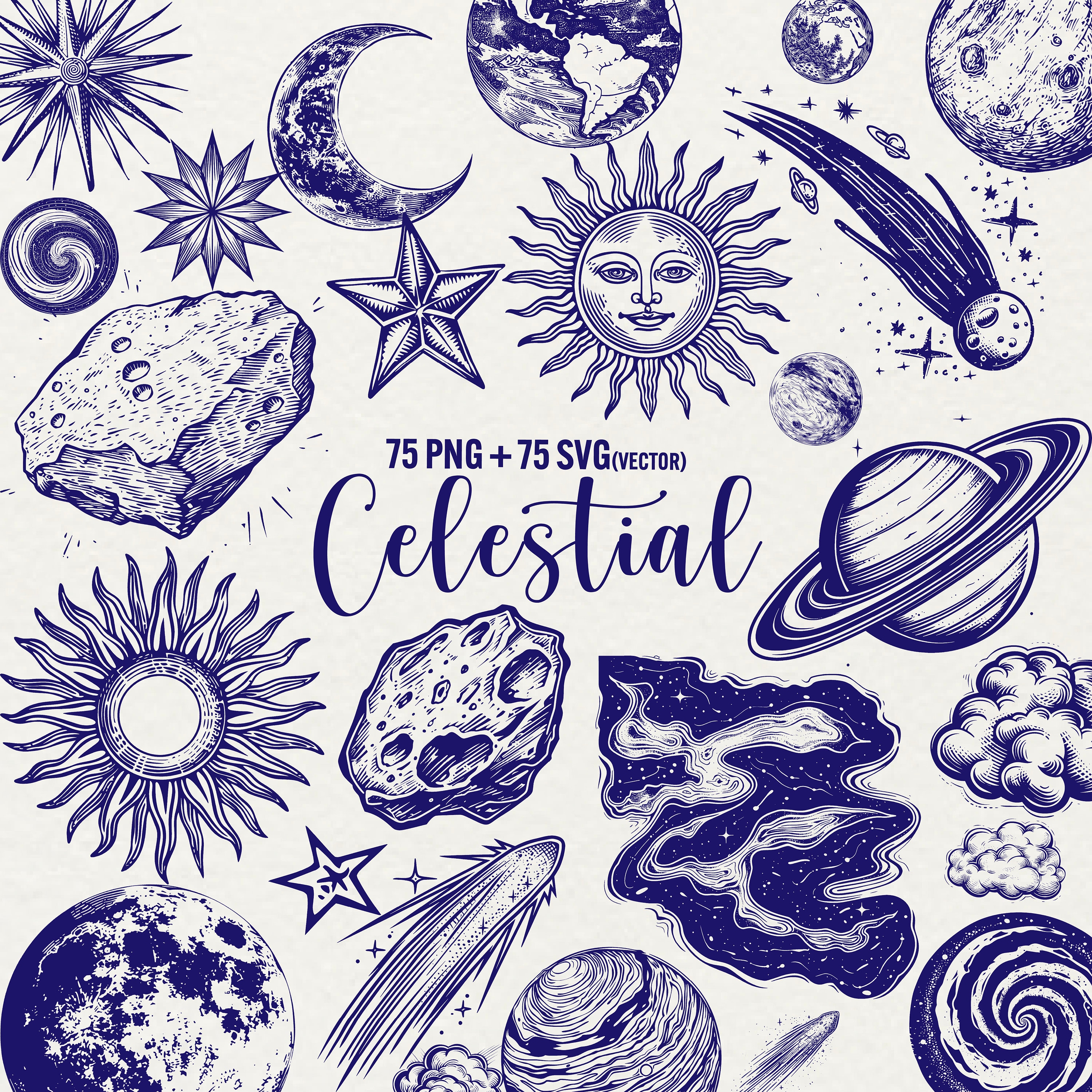 Celestial Clipart: Moon, Stars, Planets - Space Illustrations (75 PNG ...