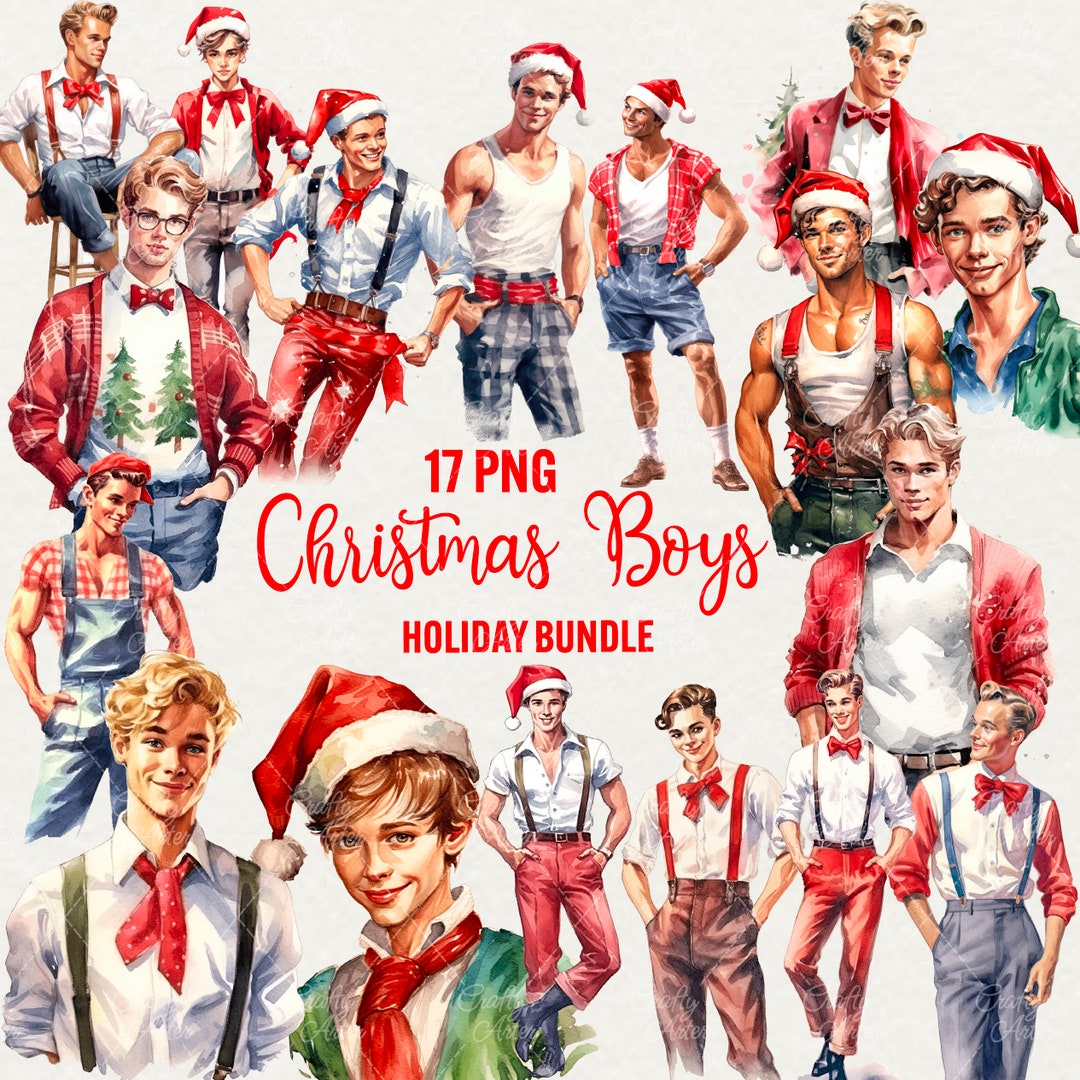 Retro Christmas Boys Clipart, Watercolor Beautiful Retro Holiday Men ...