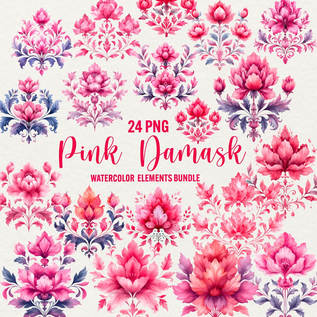 Watercolor Pink Damask Elements, 24 Png Elegant Floral Ornament ...