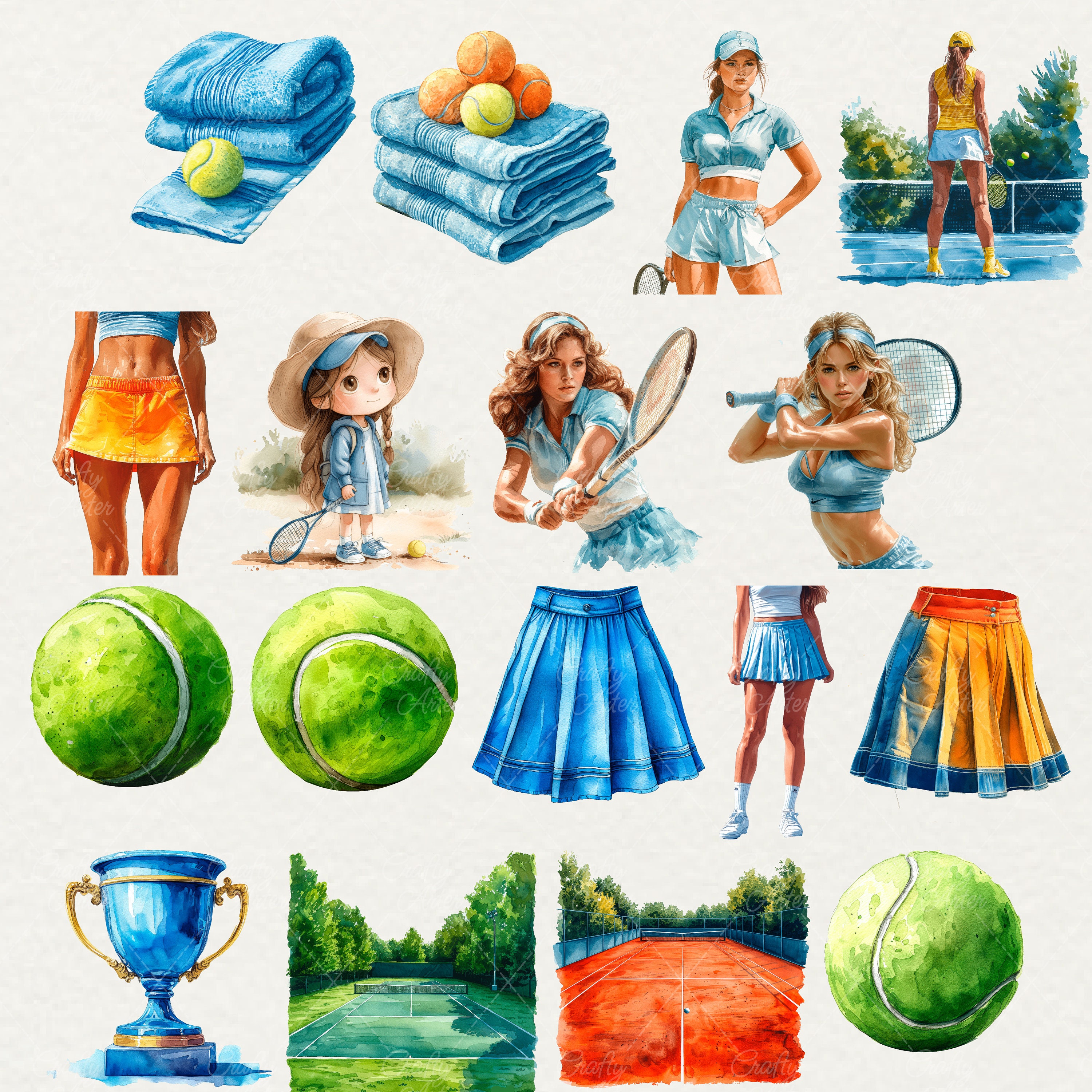 Watercolor Tennis Clipart: Sport Illustrations, Racket, Court (51 PNG ...