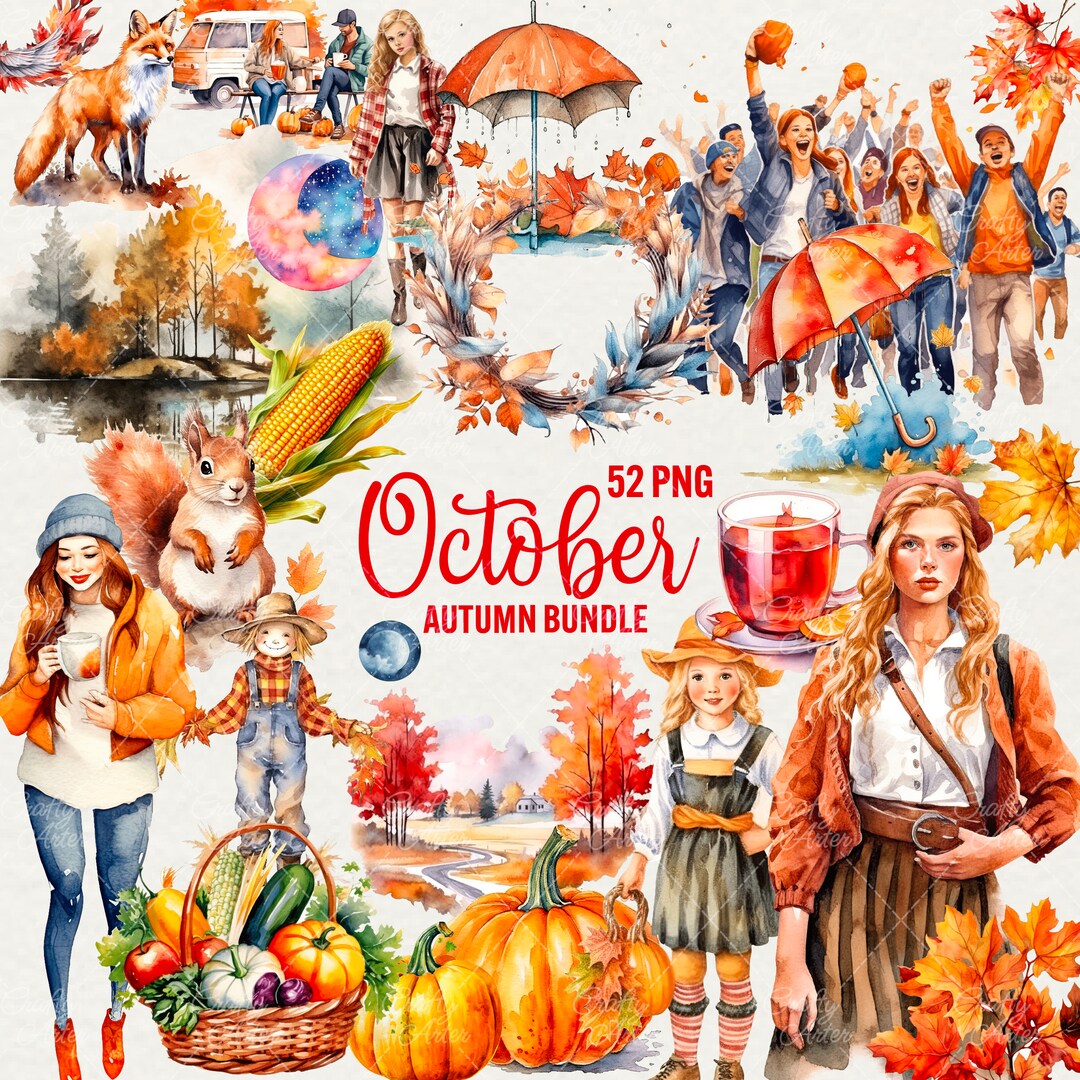 Watercolor October Autumn Clipart, 52 PNG Autumn Illustration Fall ...