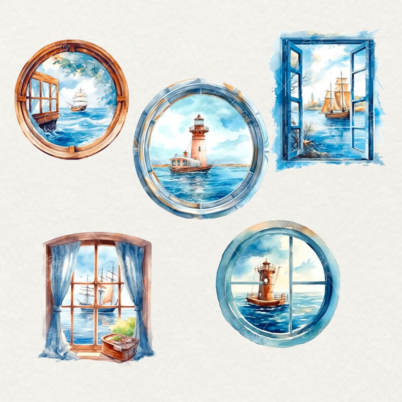 Watercolor Sea Window Clipart: Nautical Ocean View (28 PNG, Commercial ...