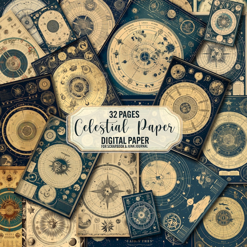 Celestial Astrology Digital Paper: Vintage Ephemera (32 Printable Pages ...