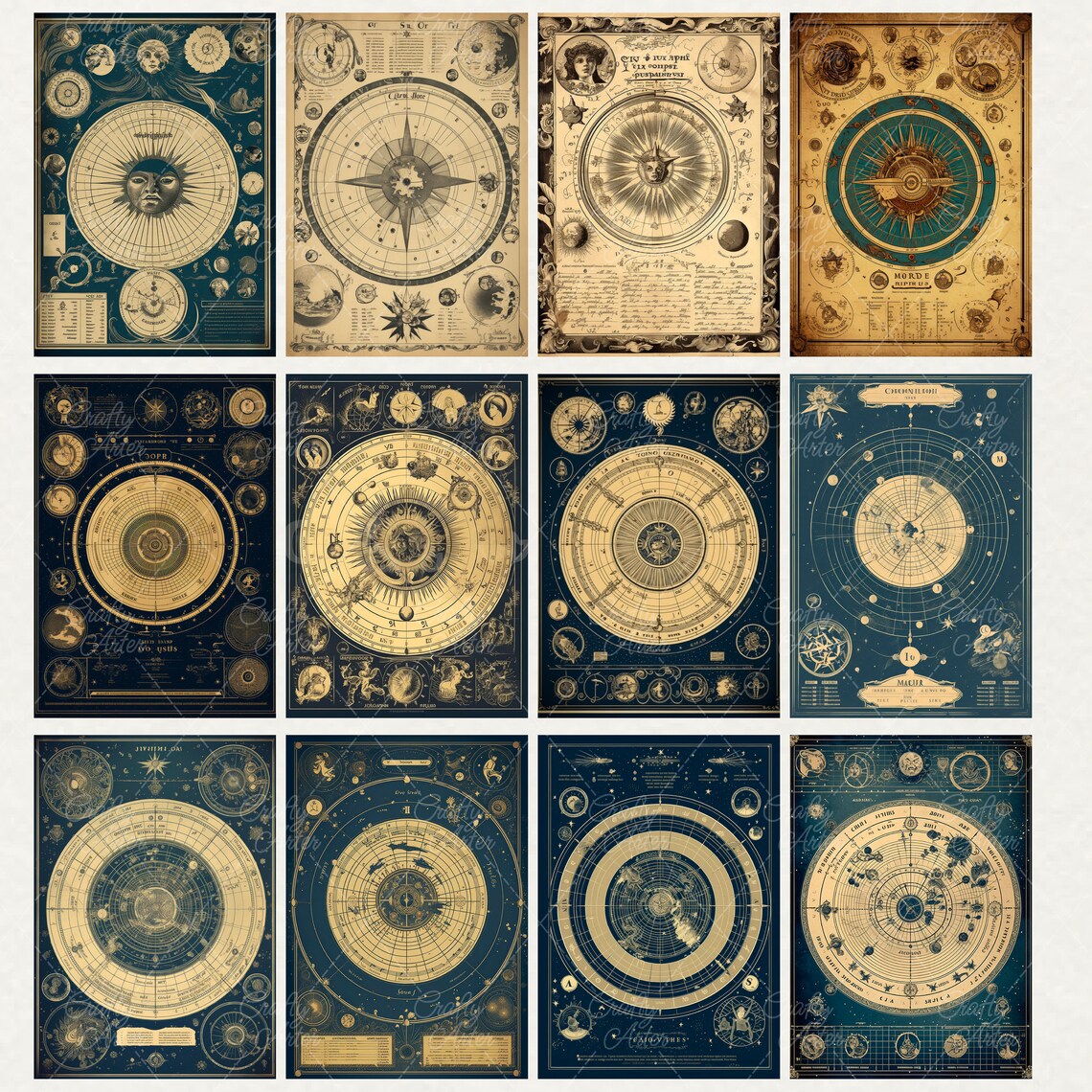 Celestial Astrology Digital Paper: Vintage Ephemera (32 Printable Pages ...