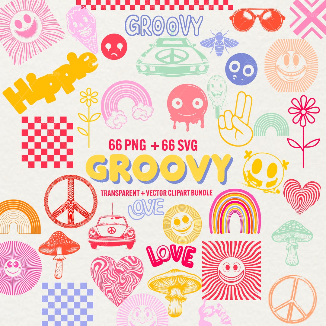 Retro Groovy Clipart: 70s Hippie Graphics (PNG, SVG) - Etsy
