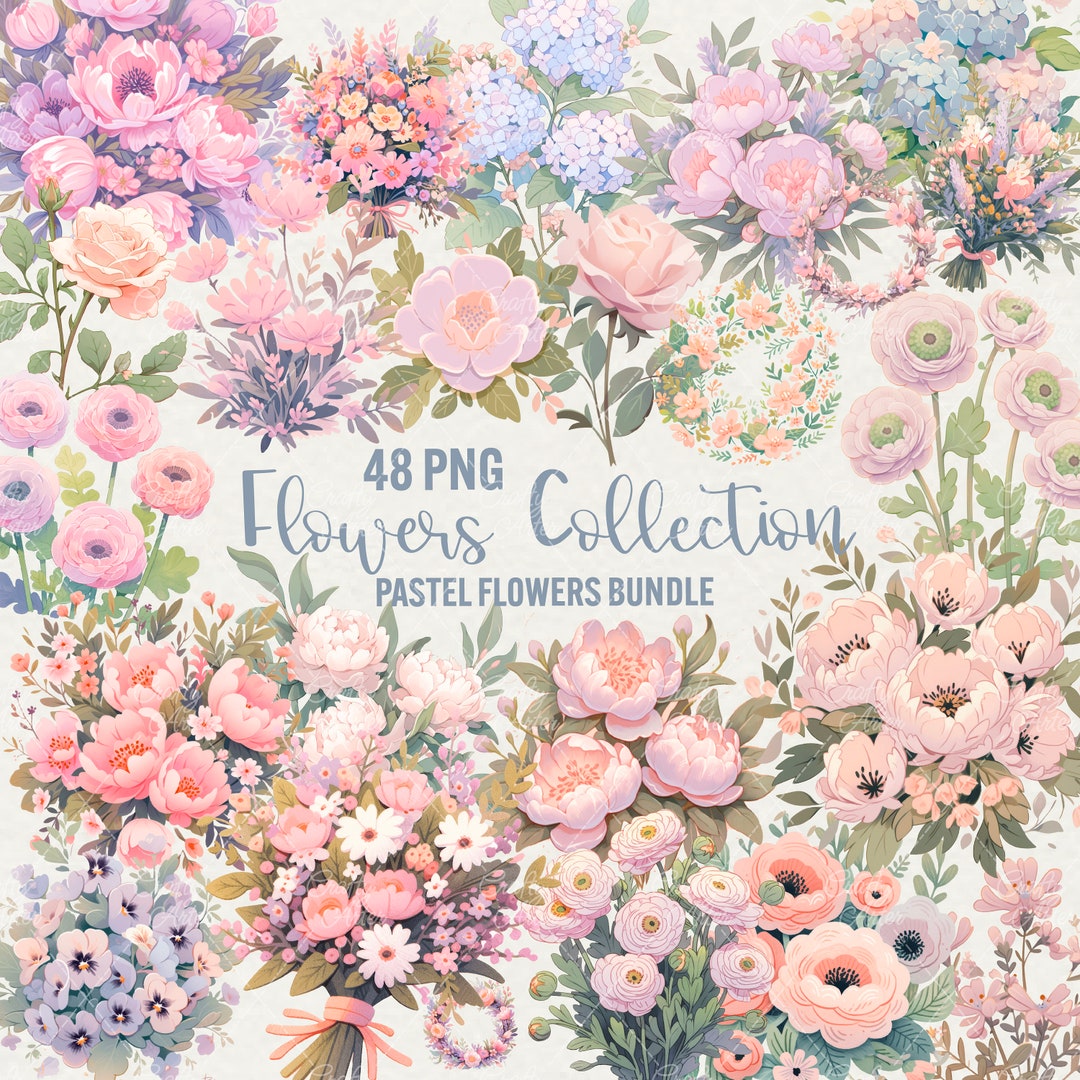 Spring Flowers Clipart, 48 PNG Pink Flower, Watercolor Floral Clipart ...