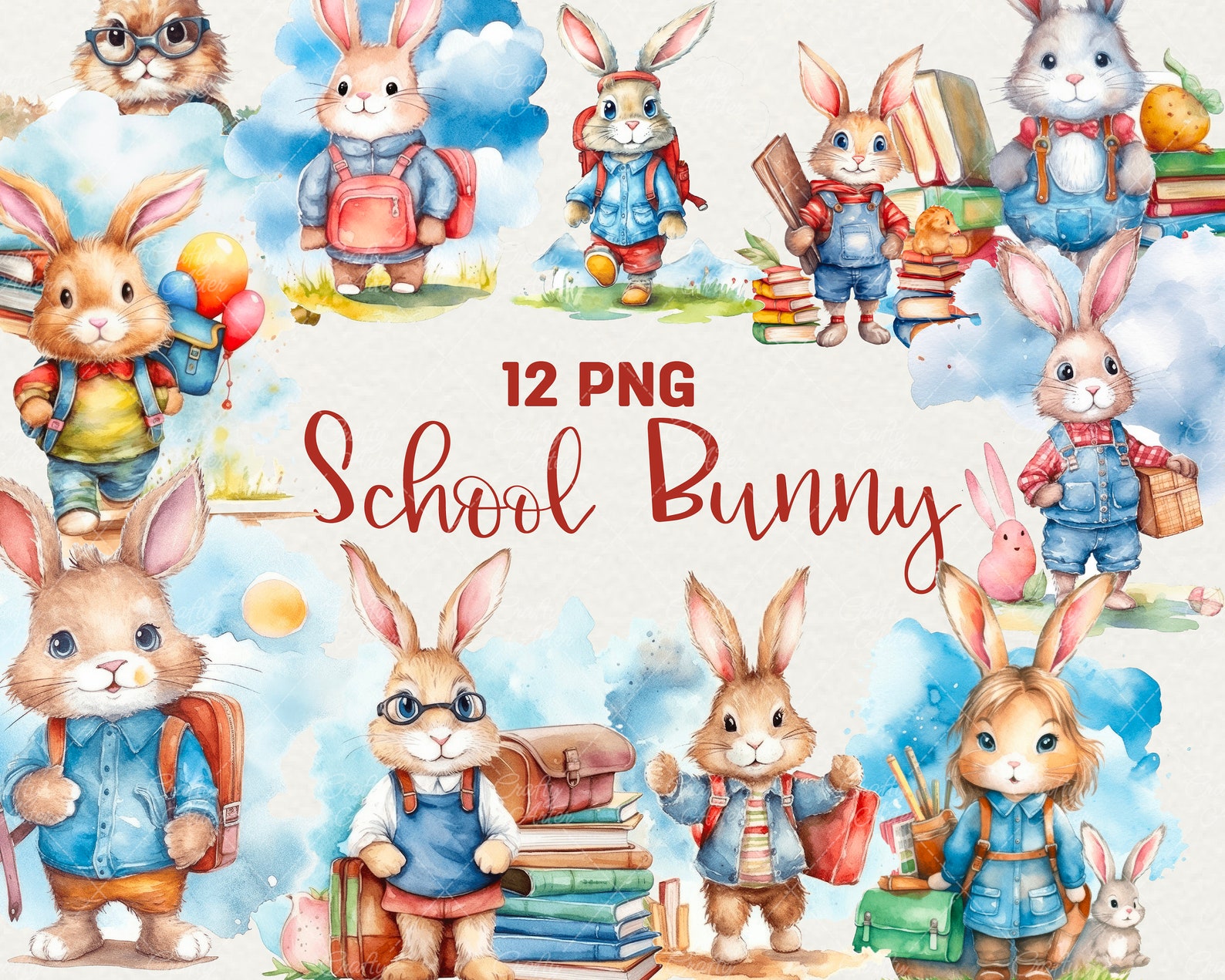 Watercolor School Bunny Clipart: Back to School PNG Images (commercial ...