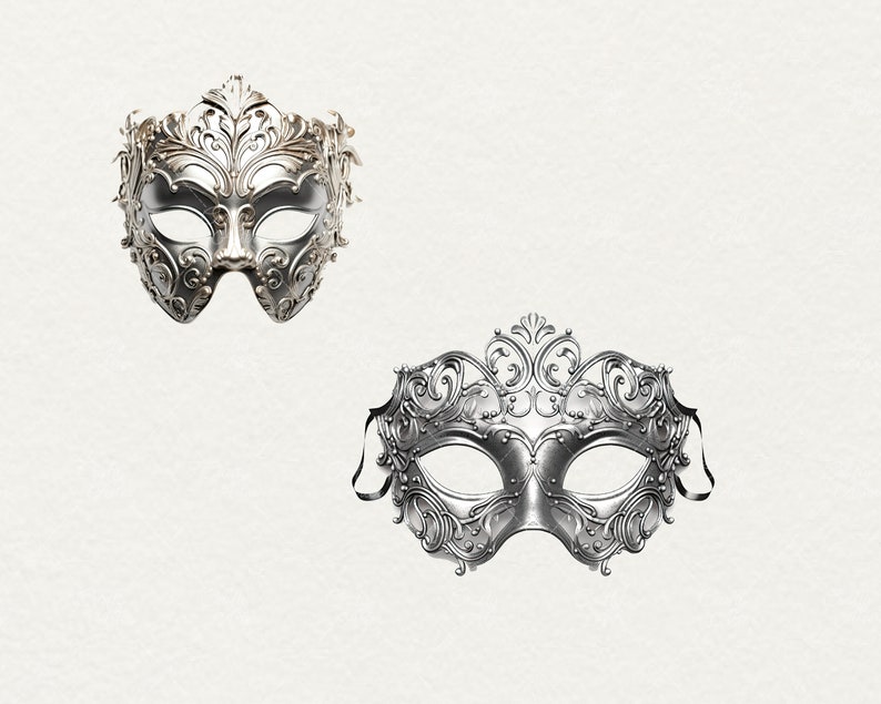 Watercolor Silver Masquerade Mask Clipart: 16 PNG Graphics (commercial ...