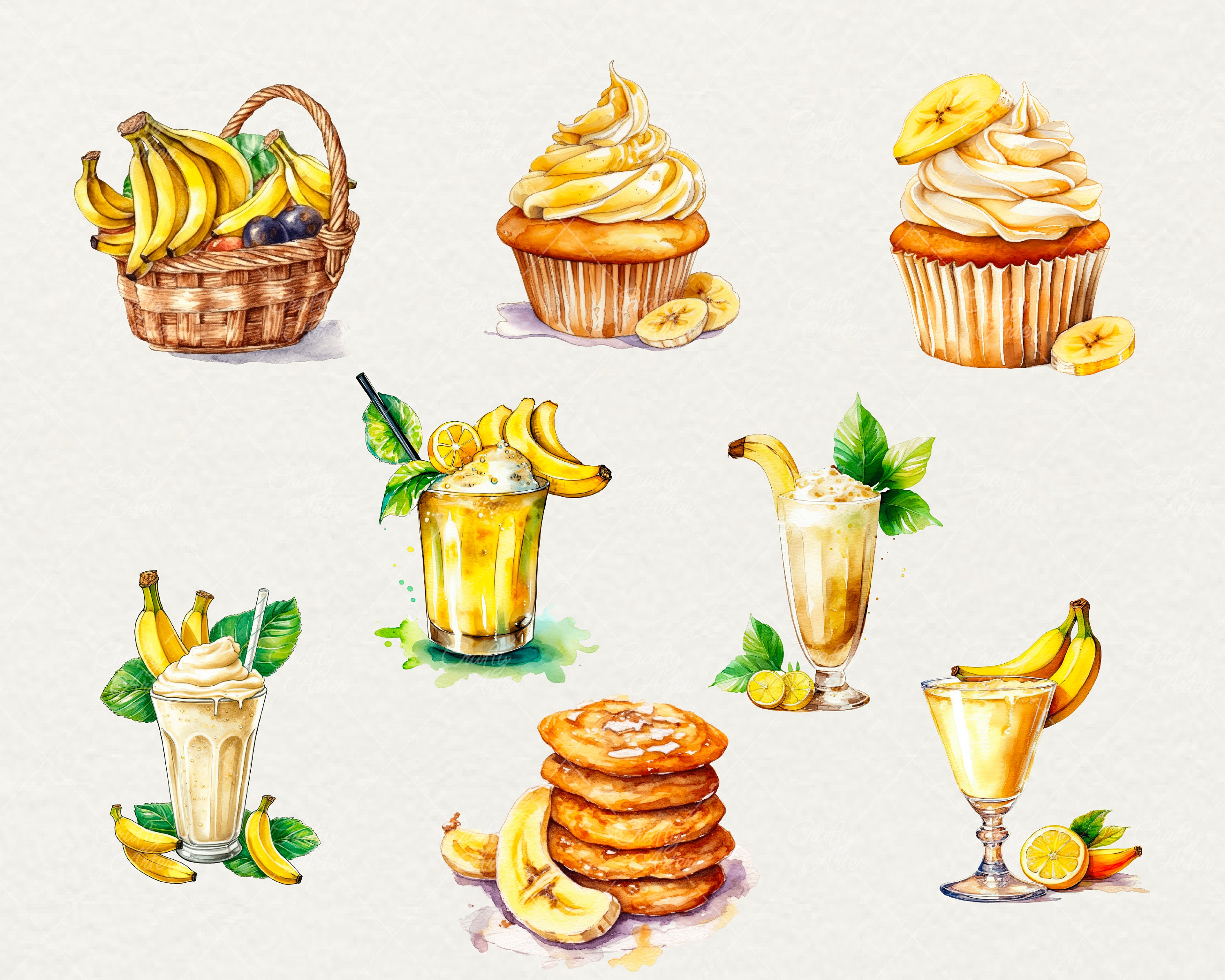 Watercolor Banana Clipart 44 PNG Big Set Digital Art Banana - Etsy
