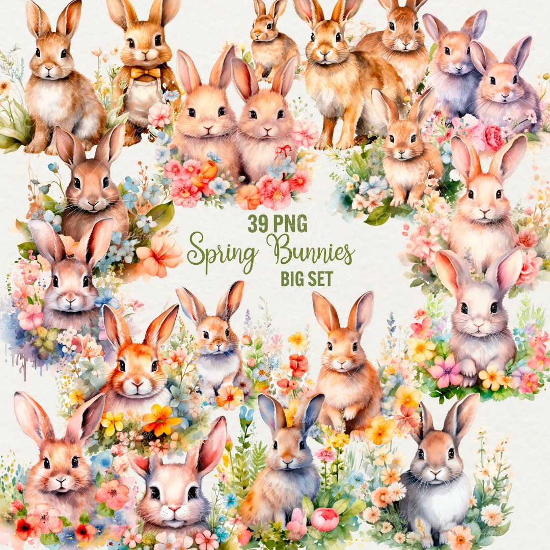 Watercolor Spring Bunnies Clipart, 39 PNG Bunny Image, Cute Spring ...
