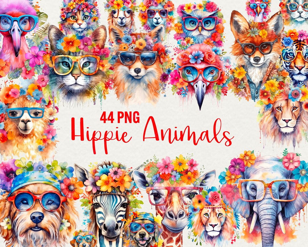 Watercolor Hippie Animals Clipart, 44 Png Hippie Clipart, Pease Animal Clipart, Elephant, Lion ...