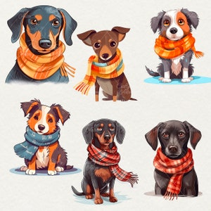Dog in Scarf Winter Clipart, 20 PNG Cartoon Dogs in Scarf, Christmas ...