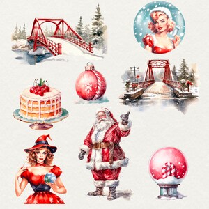 Watercolor Retro Christmas Clipart: 53 PNG Set, Vintage Santa ...