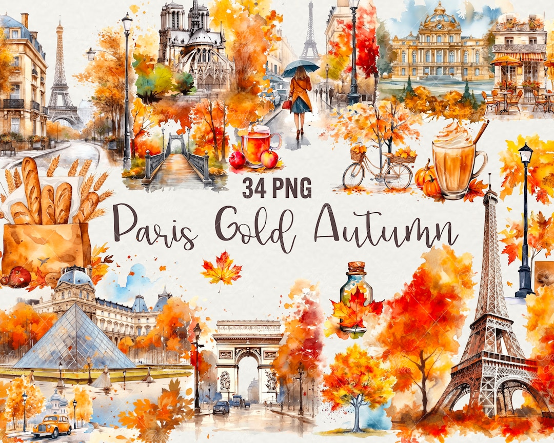 Watercolor Autumn Paris Clipart, 34 Png Watercolor Paris Autumn ...