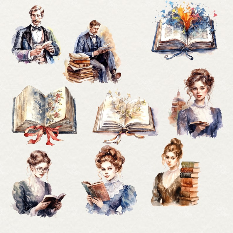 Watercolor Books Clipart: Vintage Library, Reading Lady (46 PNG) - Etsy