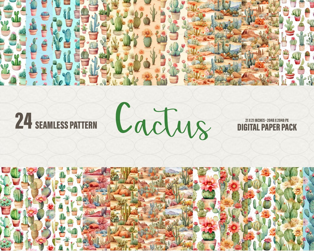 Cactus Digital Paper: 24 Seamless Succulent Patterns (commercial Use ...