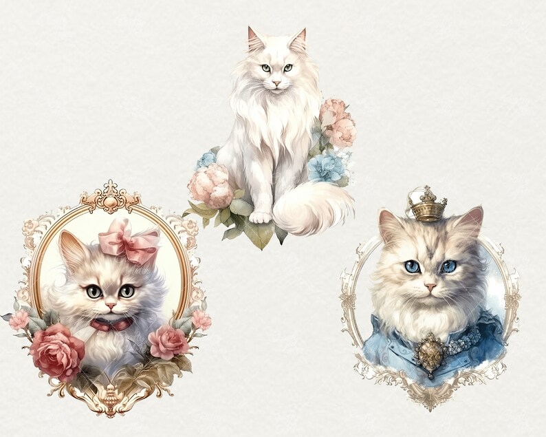 Watercolor Rococo Cats Clipart: Elegant Animal PNG (commercial Use) - Etsy