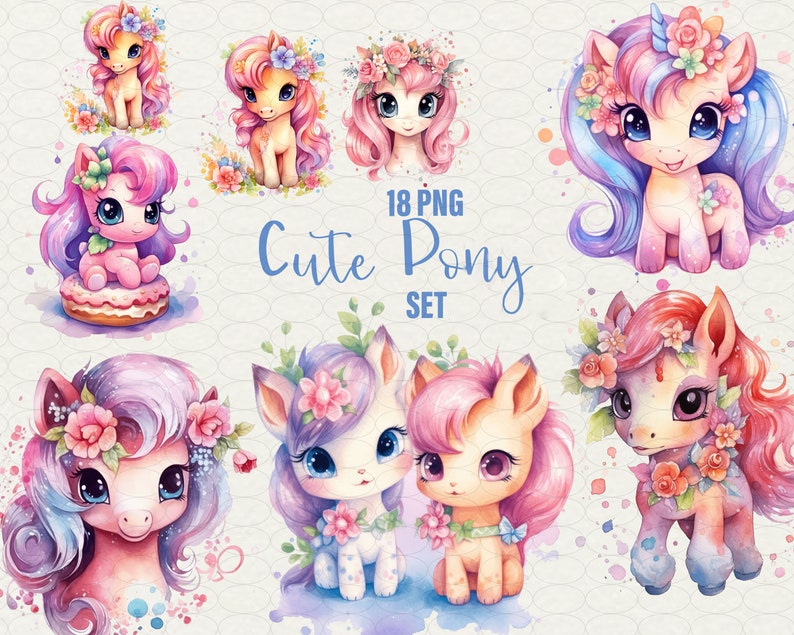 Cute Pony Watercolor Clipart Png Kawaii Pony Сlip Art Cute - Etsy
