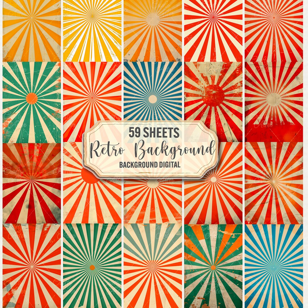 Retro Sunburst Digital Background, 58 Printable Vintage Pages ...