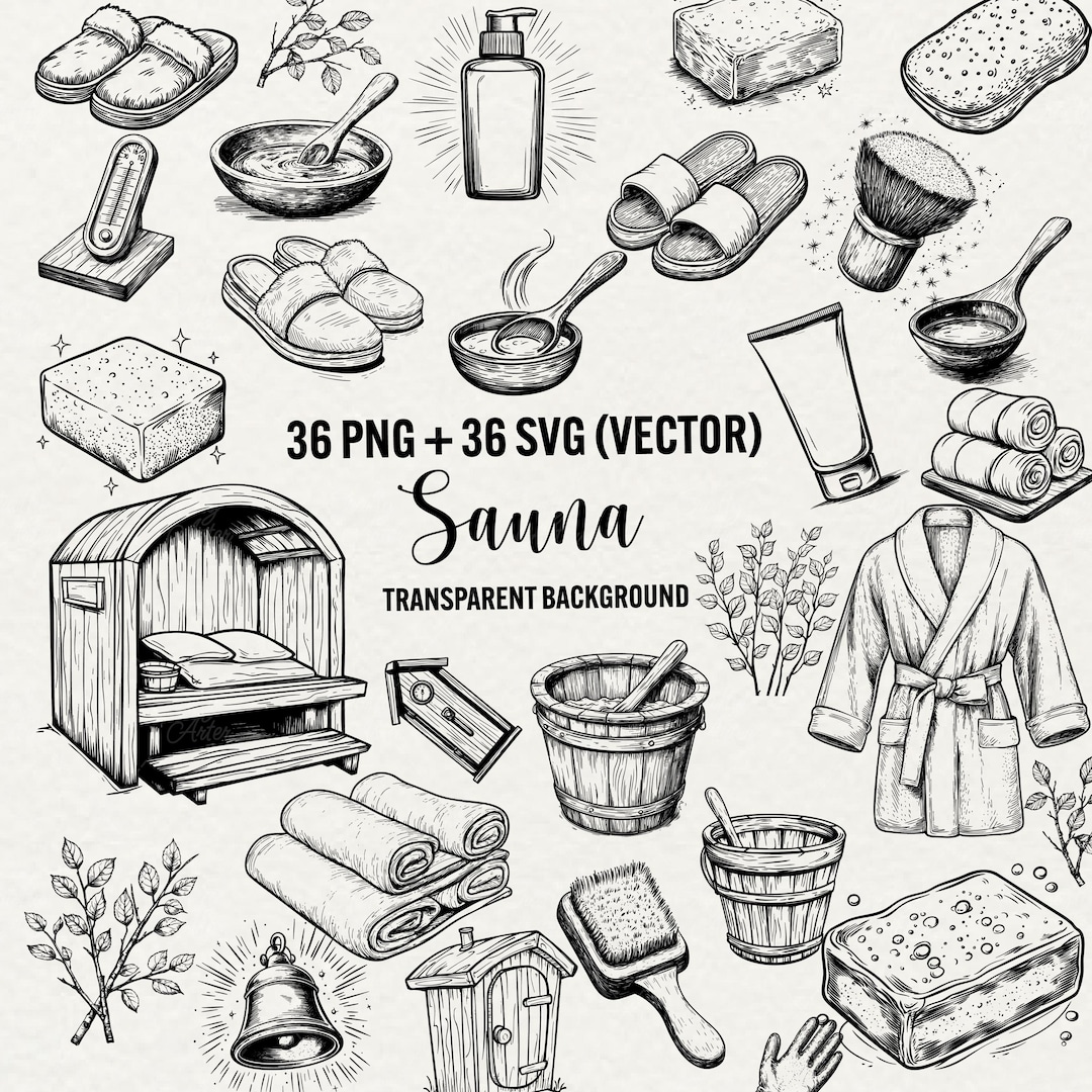 Sauna Clipart Set, Sauna SVG, Sauna Hat Png, Bathrobe Svg, Sauna Bucket ...