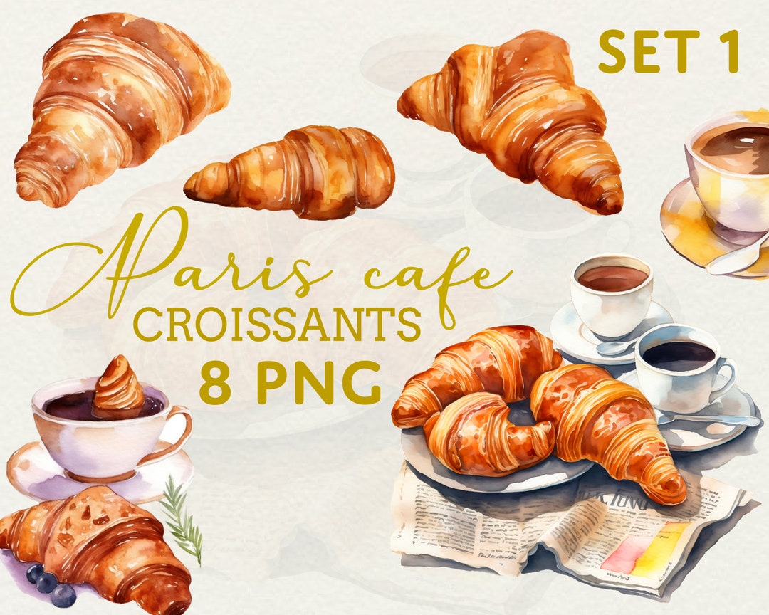 Delicious Paris Cafe Croissants and Coffee, Watercolor Clipart, Digital ...