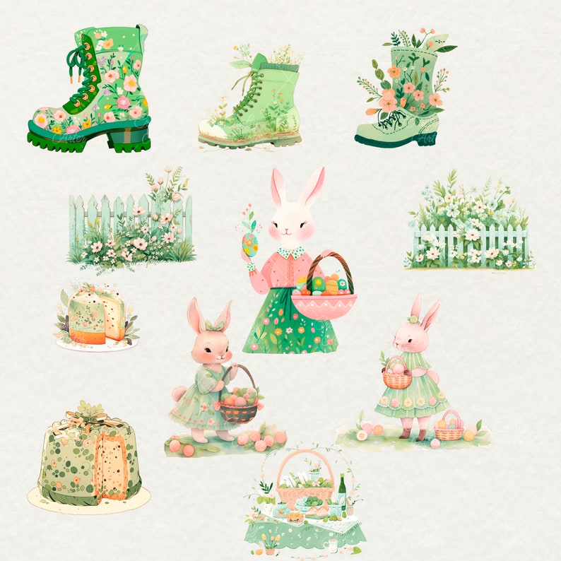 Watercolor Easter Clipart: Spring Bunny & Eggs (49 PNG Digital Graphics ...