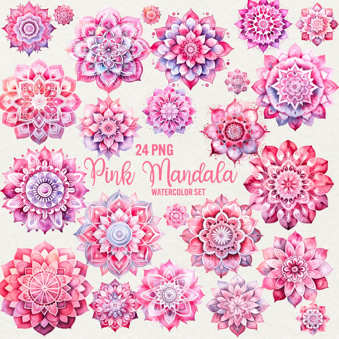 Watercolor Pink Mandala Clipart: 24 PNG Indian & Thai Designs ...