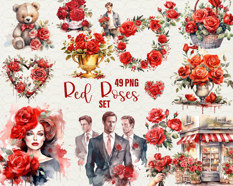 Watercolor Red Roses Clipart Floral Watercolor 49 PNG Vintage - Etsy