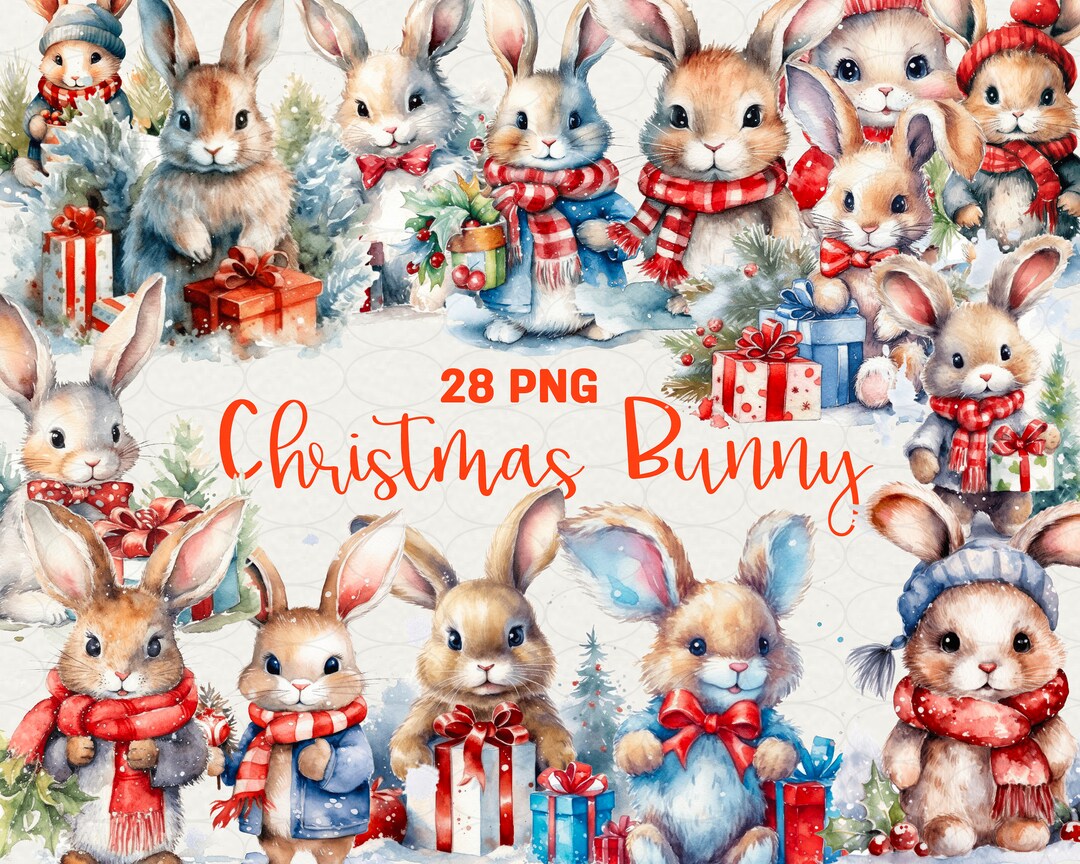 Christmas Bunny Clipart: Holiday Animals in Santa Hats (28 PNG) - Etsy