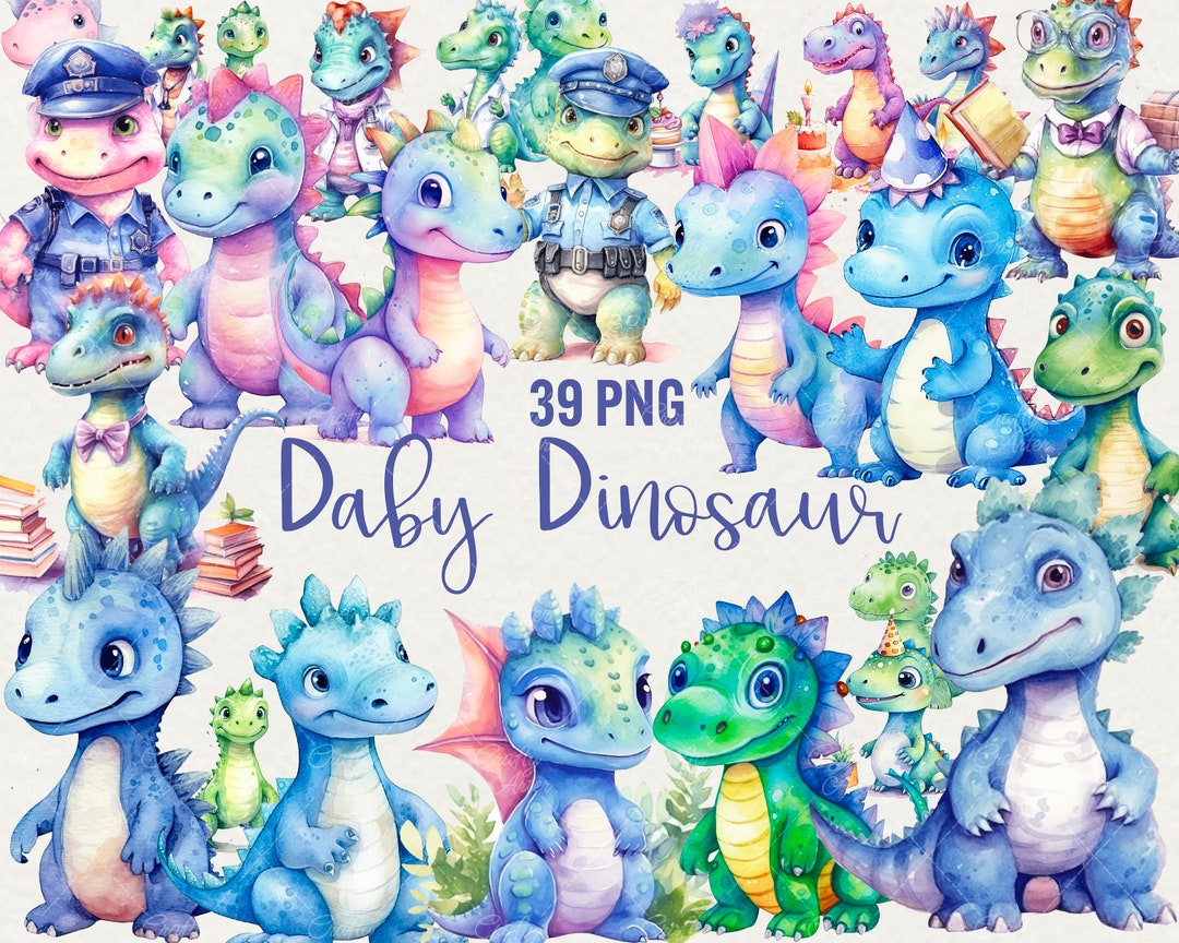 Watercolor Baby Dinosaur Clipart: 39 PNG Illustrations (commercial Use ...