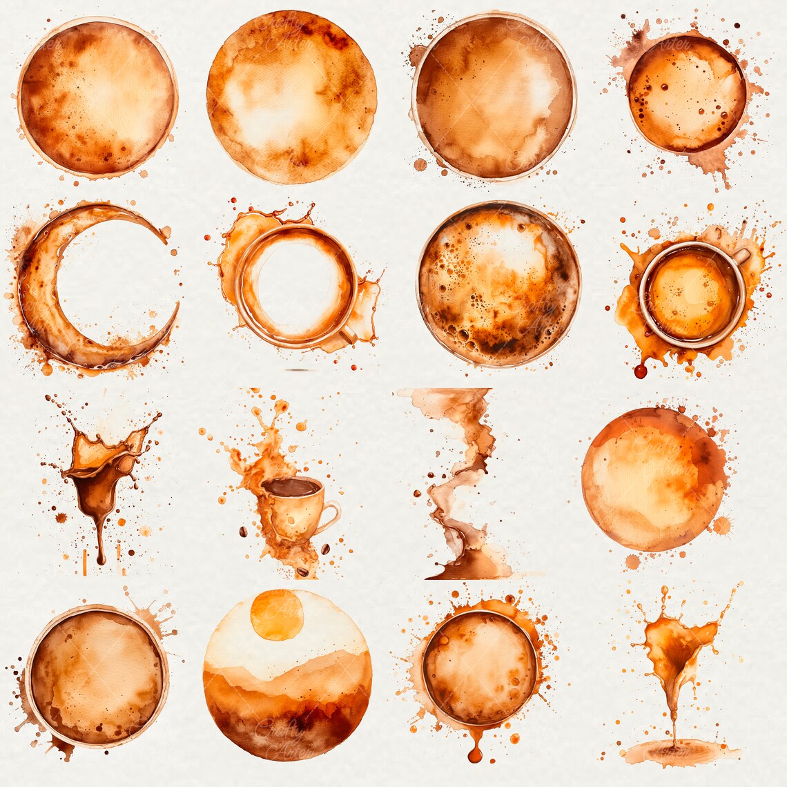 Watercolor Coffee Stains Clipart: 47 PNG Coffee Splashes (digital ...