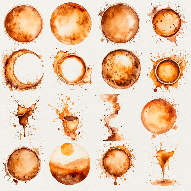 Watercolor Coffee Stains Clipart: 47 PNG Coffee Splashes (digital ...